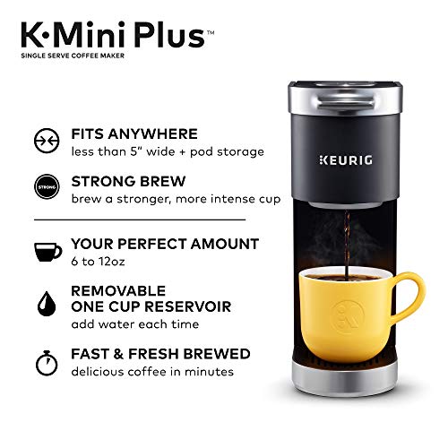 Keurig K-Mini Plus Single Serve K-Cup Pod Coffee Maker, with 6 to 12oz Brew Size, Stores up to 9 K-Cup Pods, Travel Mug Friendly, Matte Black (Renewed)