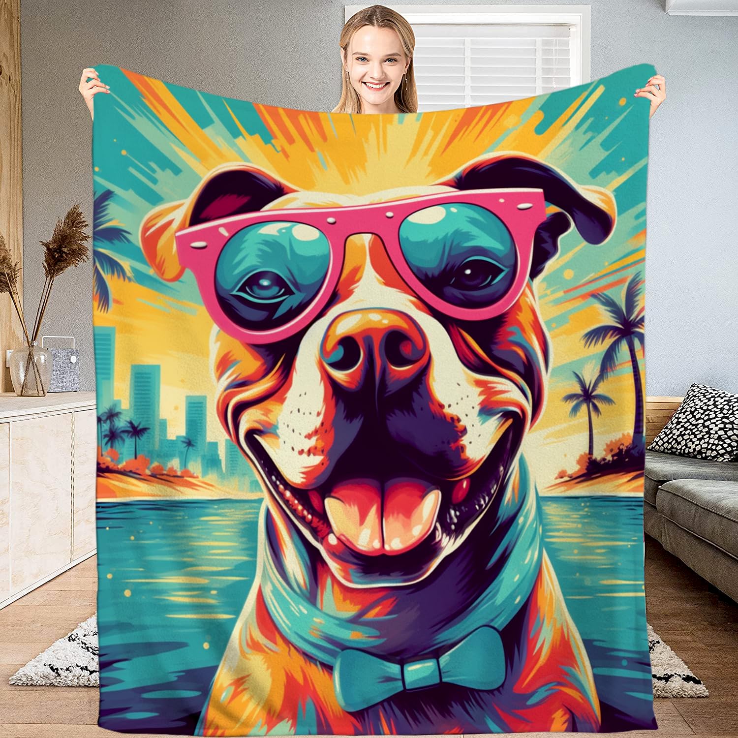 Pitbull Blanket Queen Size - Customized Lightweight 3D Print Dog Blanket for Bed Couch Sofa Chair Office Car Travel Microfiber Pitbull Room Decor for Dog Lovers Boys Girls Men Women Teens Kids