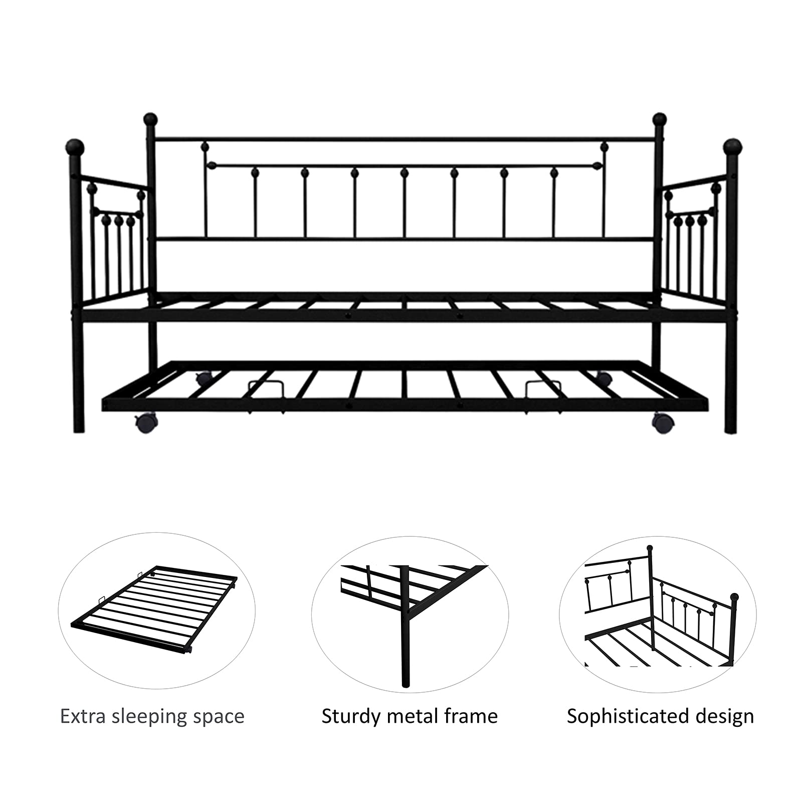 CALABASH Twin Size Daybed and Trundle Frame Set, Metal Frame with Pull Out Trundle for Teens Kids Adults for Living Room Bedroom Room (Black)