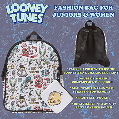AI ACCESSORY INNOVATIONS Looney Tunes All Over Print Faux Leather 10.5" Women’s White Mini Backpack Purse 2-Piece Set