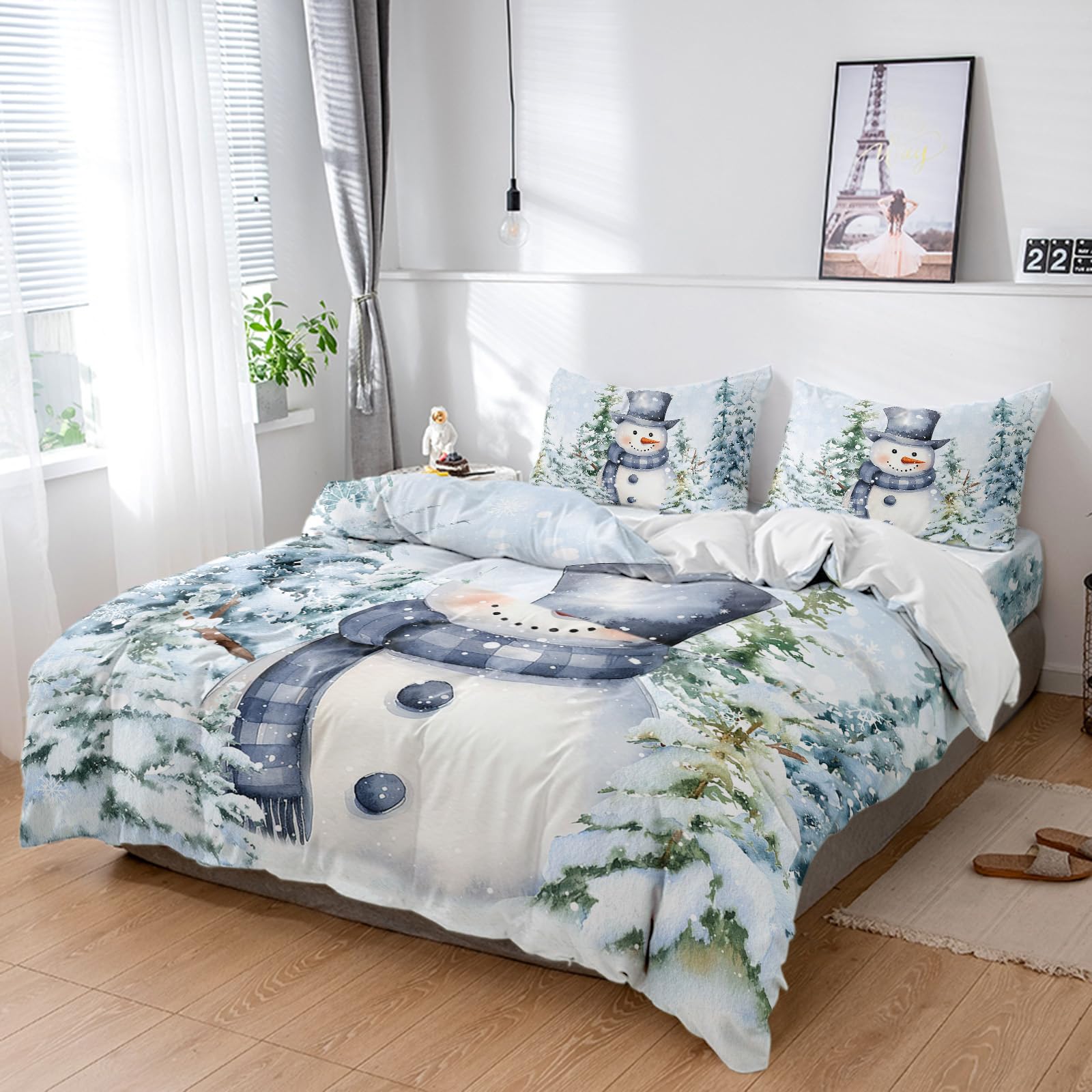 Merry Christmas Snowman Xmas Tree Duvet Cover Sets 4 Piece Queen Ultra Soft Bed Quilt Cover Set for Kids/Teens/Women/Men,Winter Snow Scene Bedding Collection All Season Use