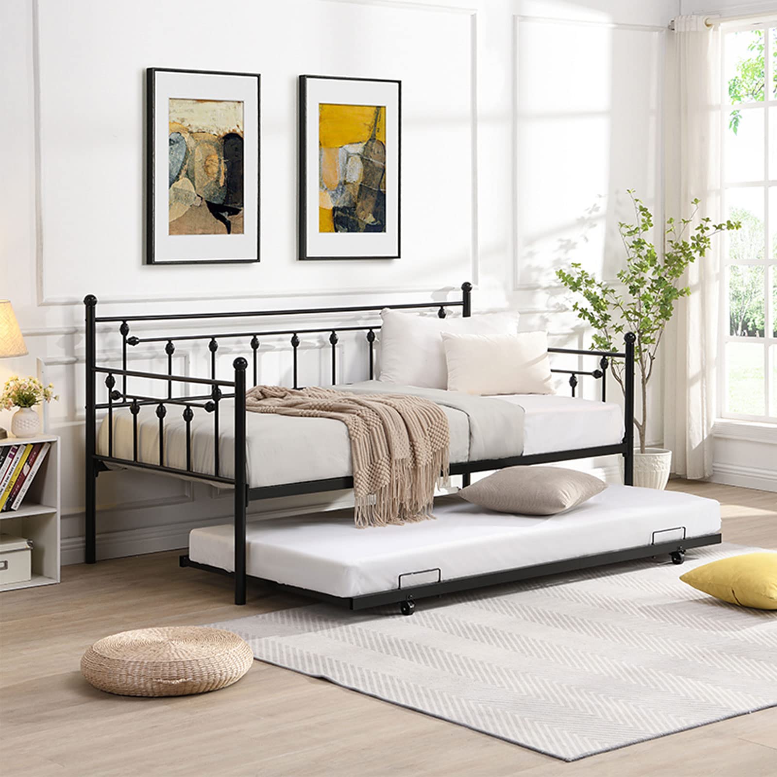 CALABASH Twin Size Daybed and Trundle Frame Set, Metal Frame with Pull Out Trundle for Teens Kids Adults for Living Room Bedroom Room (Black)