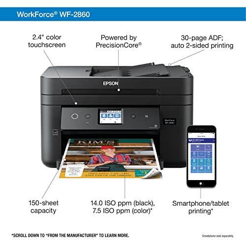 Epson Workforce WF-2860 All-in-One Wireless Color Inkjet Printer - Print Scan Copy Fax - Ethernet, NFC, 2.4" Touchscreen, 14 ppm, 4800 x 1200 dpi, Auto 2-Sided Printing, 30-Sheet ADF, Voice Activated