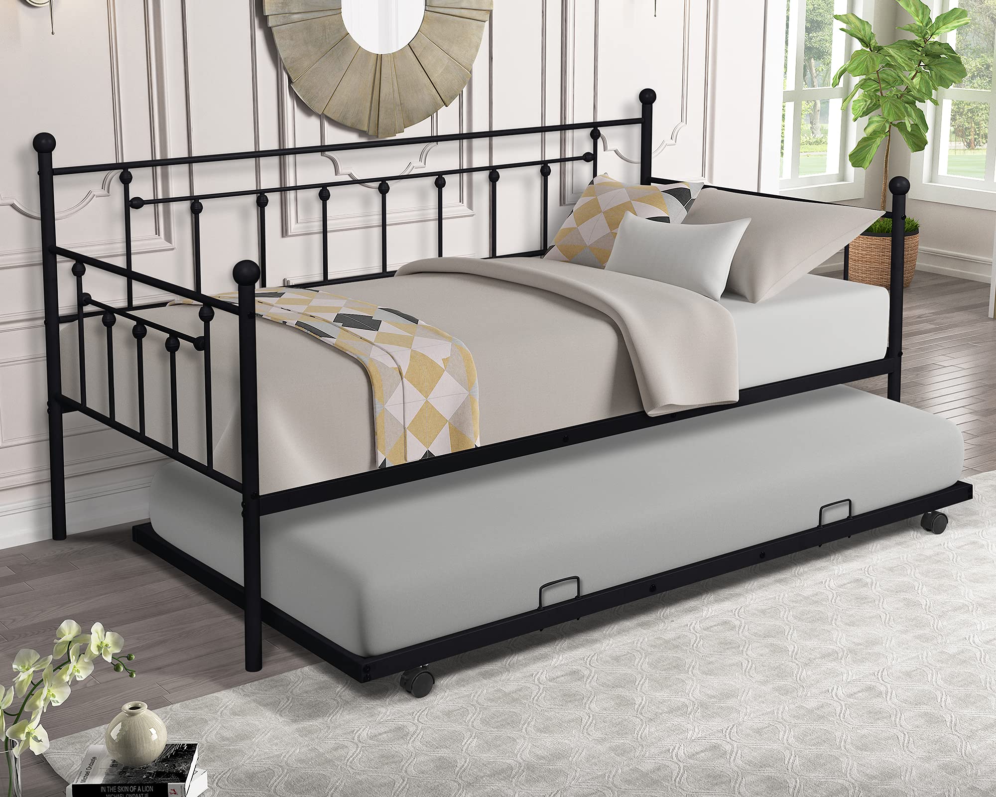 CALABASH Twin Size Daybed and Trundle Frame Set, Metal Frame with Pull Out Trundle for Teens Kids Adults for Living Room Bedroom Room (Black)