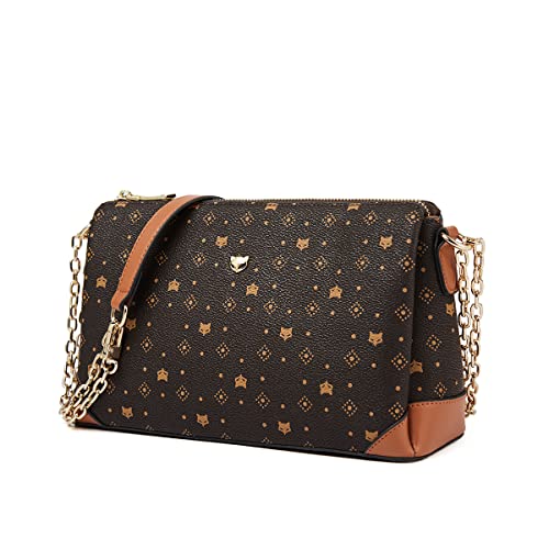 Womens Vegan Leather Crossbody Bags, PVC Faux Leather Satchel Bags for Women Brown Monogram Shoulder Bags Signature