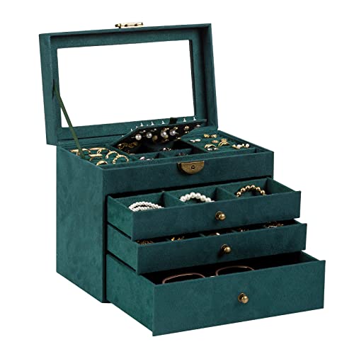 Somduy Jewelry Box for Women and Girls,4 Layers,Vintage Jewelry Organizer and Display Box, Large Capacity Necklace Storage for Earrings Bracelets Rings,Ideal Gift for Your Loved Ones,Green