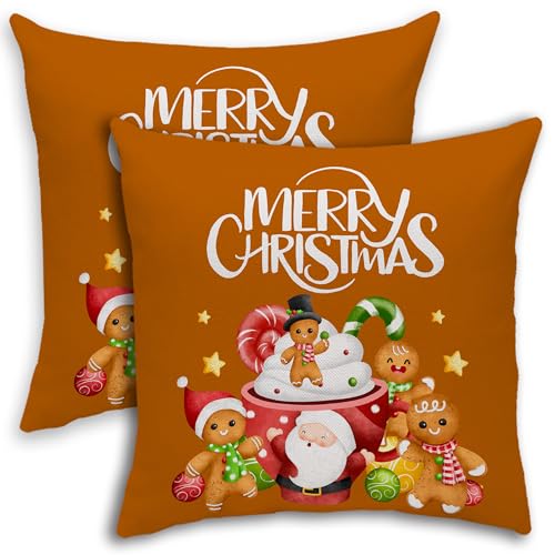 Christmas Gingerbread Man Throw Pillow Cover Candy Cane Santa Christmas Balls Holiday Brown Linen Decorations Pack of 2 Euro Patterned Bed Outdoor Patio Office Porch Cozy Pillow Covers 16x16inch