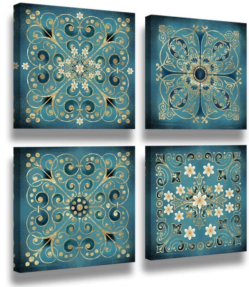 Bathroom art Bedroom decor Canvas wall art Floral pattern Print Bathroom abstract picture Teal bathroom accessories Wall decor Framed artwork Wall art hanging on Living room office 14"x14"x4 Panels