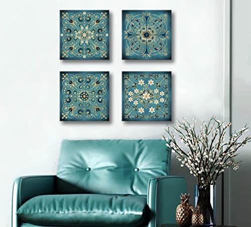 Bathroom art Bedroom decor Canvas wall art Floral pattern Print Bathroom abstract picture Teal bathroom accessories Wall decor Framed artwork Wall art hanging on Living room office 14"x14"x4 Panels