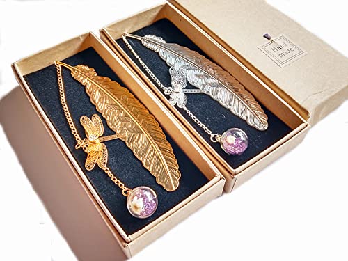 2pcs Vintage Metal Feather Bookmarks with Dragonfly Pendant,Student Reading Page Markers,Graduation Teacher Appreciation Thanksgiving Birthday Pretty Gift for Women Girl Kids Readers(Purple Diamond)