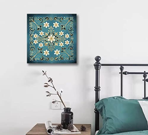 Bathroom art Bedroom decor Canvas wall art Floral pattern Print Bathroom abstract picture Teal bathroom accessories Wall decor Framed artwork Wall art hanging on Living room office 14"x14"x4 Panels