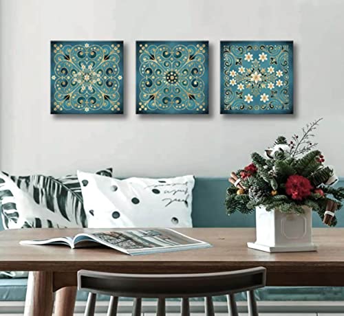 Bathroom art Bedroom decor Canvas wall art Floral pattern Print Bathroom abstract picture Teal bathroom accessories Wall decor Framed artwork Wall art hanging on Living room office 14"x14"x4 Panels