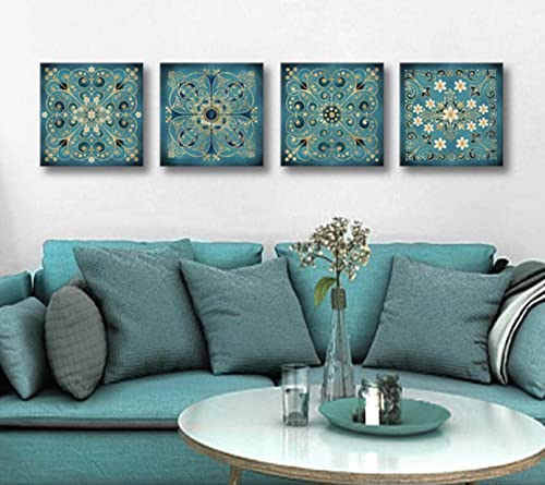 Bathroom art Bedroom decor Canvas wall art Floral pattern Print Bathroom abstract picture Teal bathroom accessories Wall decor Framed artwork Wall art hanging on Living room office 14"x14"x4 Panels