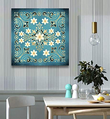 Bathroom art Bedroom decor Canvas wall art Floral pattern Print Bathroom abstract picture Teal bathroom accessories Wall decor Framed artwork Wall art hanging on Living room office 14"x14"x4 Panels