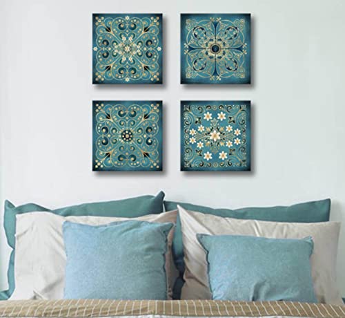 Bathroom art Bedroom decor Canvas wall art Floral pattern Print Bathroom abstract picture Teal bathroom accessories Wall decor Framed artwork Wall art hanging on Living room office 14"x14"x4 Panels