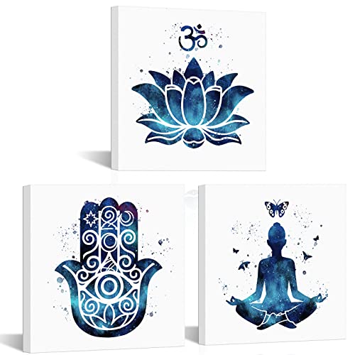 Saypeacher 3 Pieces Abstract Yoga Canvas Wall Art Blue Starry Night Pictures Lotus Flower Painting Pritns for Bedroom Yoga Room Bathroom Decor Sretched and Framed Ready to Hang 12"x12"x3pcs