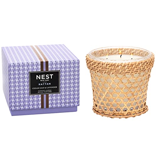 NEST New York Cedar Leaf & Lavender Decorative Rattan Scented 3-Wick Candle, 21 Ounces