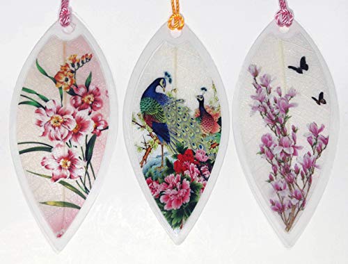 Lucore Home Leaf Bookmarks - Peacocks and Pink Flowers Asian Painting Lucky Charm, Ornament, Hanging & Wall Decor, Art Decoration - 3 Pcs, Made of Real Leaves