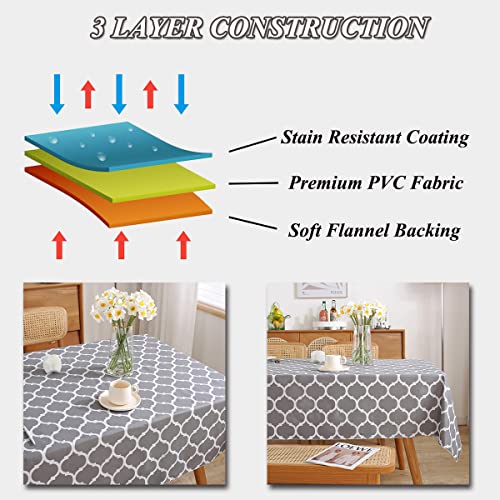 Vinyl Tablecloth Rectangle with Flannel Backing, 100% Waterproof & Oil Proof Plastic Tablecloth, Heavy Duty Table Cover for Dining Table, Indoor & Outdoor Use(Rectangle, 52" x 70" (4-6 Seats), gray)