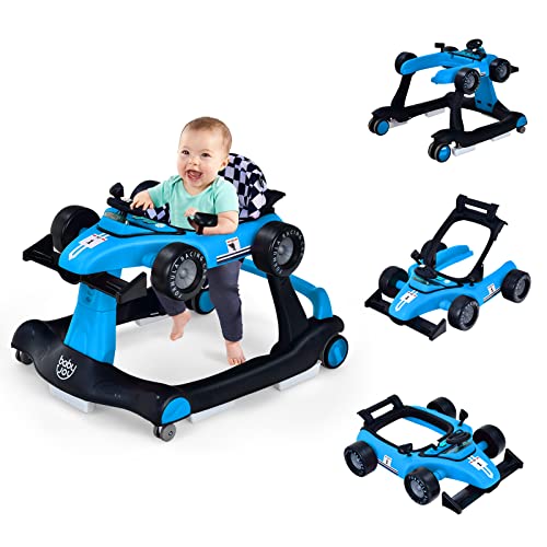BABY JOY 4-in-1 Baby Walker, Foldable Activity Walker w/Adjustable Height & Speed, Music, Lights, Steering Wheel, Comfy Seat Cushion, Activity Baby Push Walker for Boys Girls Aged 6–18 Months (Blue)