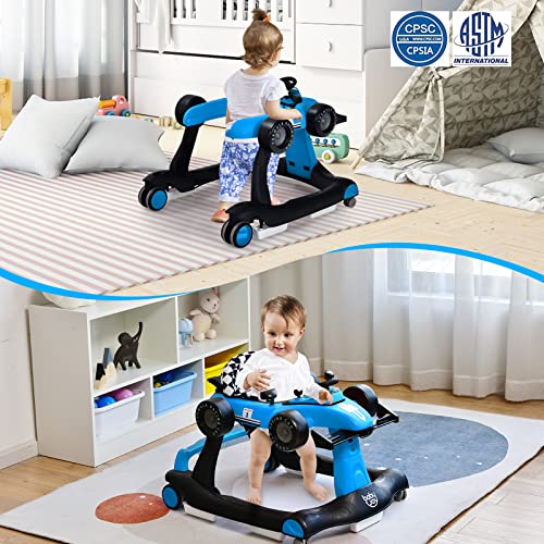 BABY JOY 4-in-1 Baby Walker, Foldable Activity Walker w/Adjustable Height & Speed, Music, Lights, Steering Wheel, Comfy Seat Cushion, Activity Baby Push Walker for Boys Girls Aged 6–18 Months (Blue)