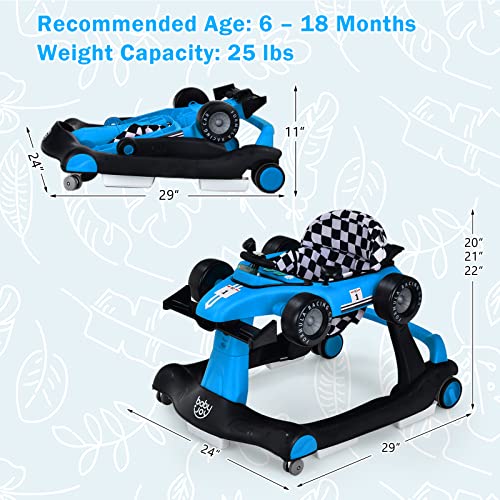 BABY JOY 4-in-1 Baby Walker, Foldable Activity Walker w/Adjustable Height & Speed, Music, Lights, Steering Wheel, Comfy Seat Cushion, Activity Baby Push Walker for Boys Girls Aged 6–18 Months (Blue)