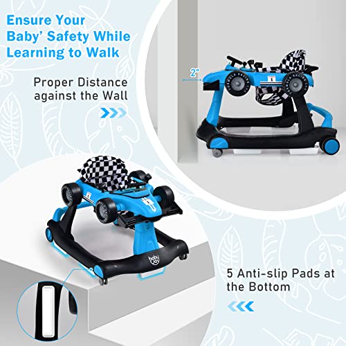 BABY JOY 4-in-1 Baby Walker, Foldable Activity Walker w/Adjustable Height & Speed, Music, Lights, Steering Wheel, Comfy Seat Cushion, Activity Baby Push Walker for Boys Girls Aged 6–18 Months (Blue)