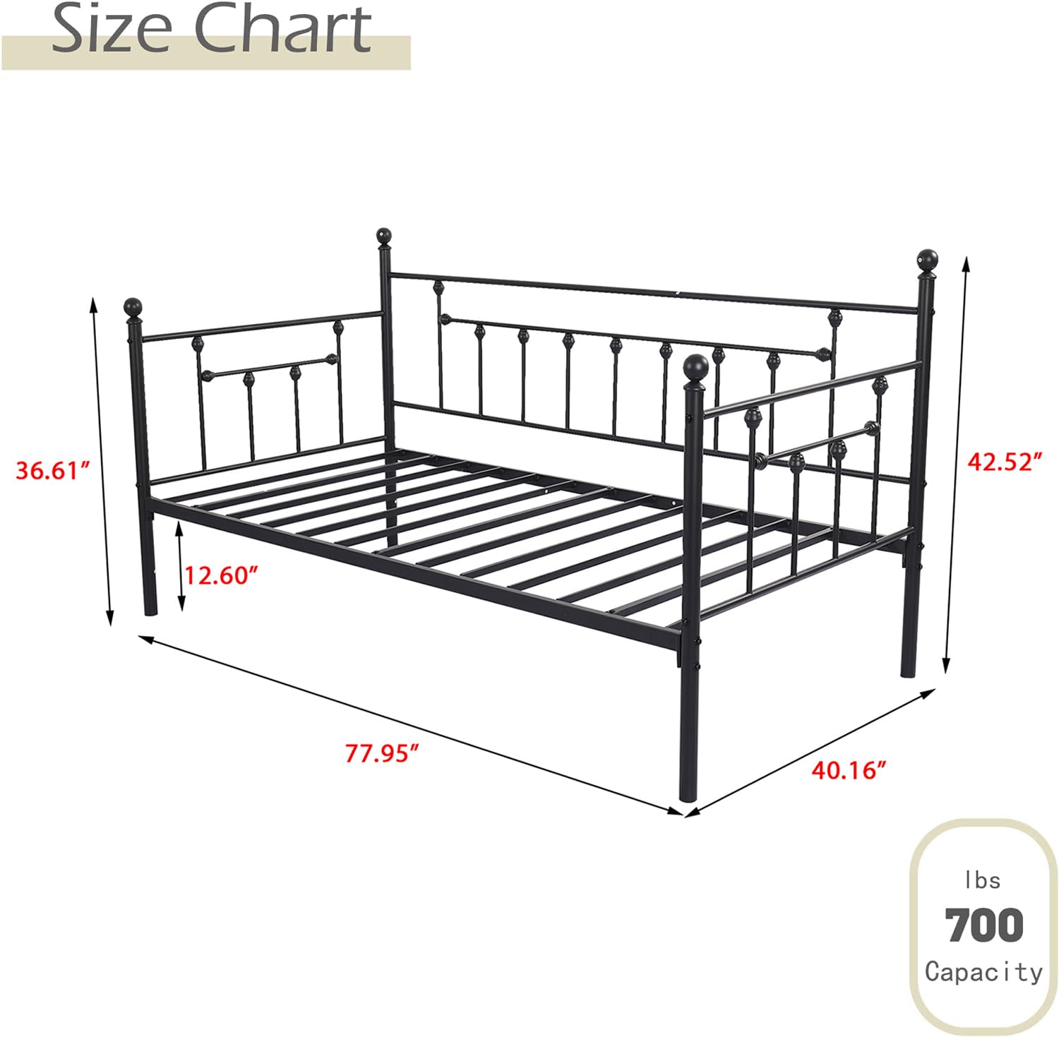 alazyhome Twin Size Metal Daybed Guest Bed Frame for Living Room Bedroom Steel Slat Support No Box Spring Needed Space Saving Black