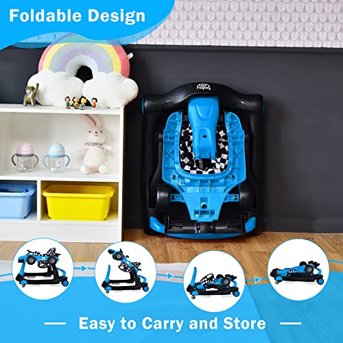 BABY JOY 4-in-1 Baby Walker, Foldable Activity Walker w/Adjustable Height & Speed, Music, Lights, Steering Wheel, Comfy Seat Cushion, Activity Baby Push Walker for Boys Girls Aged 6–18 Months (Blue)