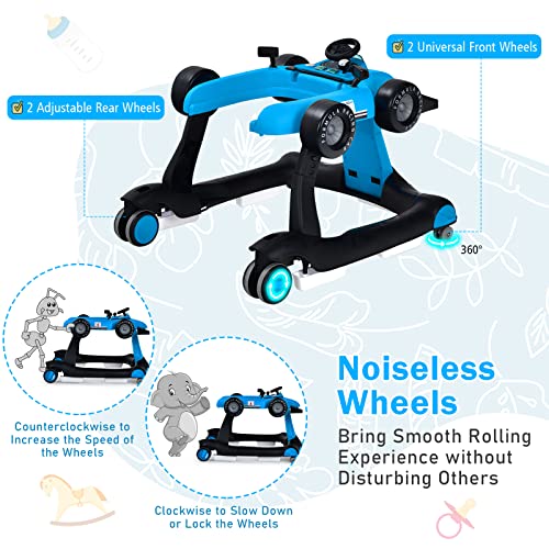 BABY JOY 4-in-1 Baby Walker, Foldable Activity Walker w/Adjustable Height & Speed, Music, Lights, Steering Wheel, Comfy Seat Cushion, Activity Baby Push Walker for Boys Girls Aged 6–18 Months (Blue)
