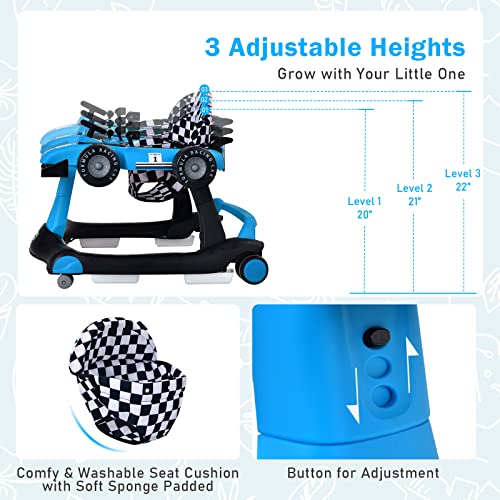 BABY JOY 4-in-1 Baby Walker, Foldable Activity Walker w/Adjustable Height & Speed, Music, Lights, Steering Wheel, Comfy Seat Cushion, Activity Baby Push Walker for Boys Girls Aged 6–18 Months (Blue)