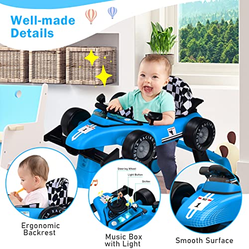 BABY JOY 4-in-1 Baby Walker, Foldable Activity Walker w/Adjustable Height & Speed, Music, Lights, Steering Wheel, Comfy Seat Cushion, Activity Baby Push Walker for Boys Girls Aged 6–18 Months (Blue)
