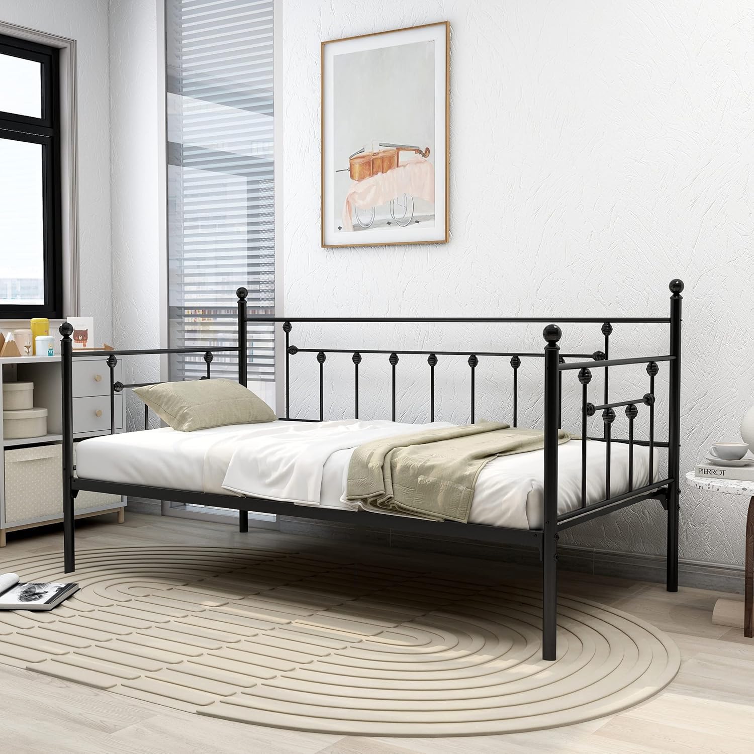 alazyhome Twin Size Metal Daybed Guest Bed Frame for Living Room Bedroom Steel Slat Support No Box Spring Needed Space Saving Black