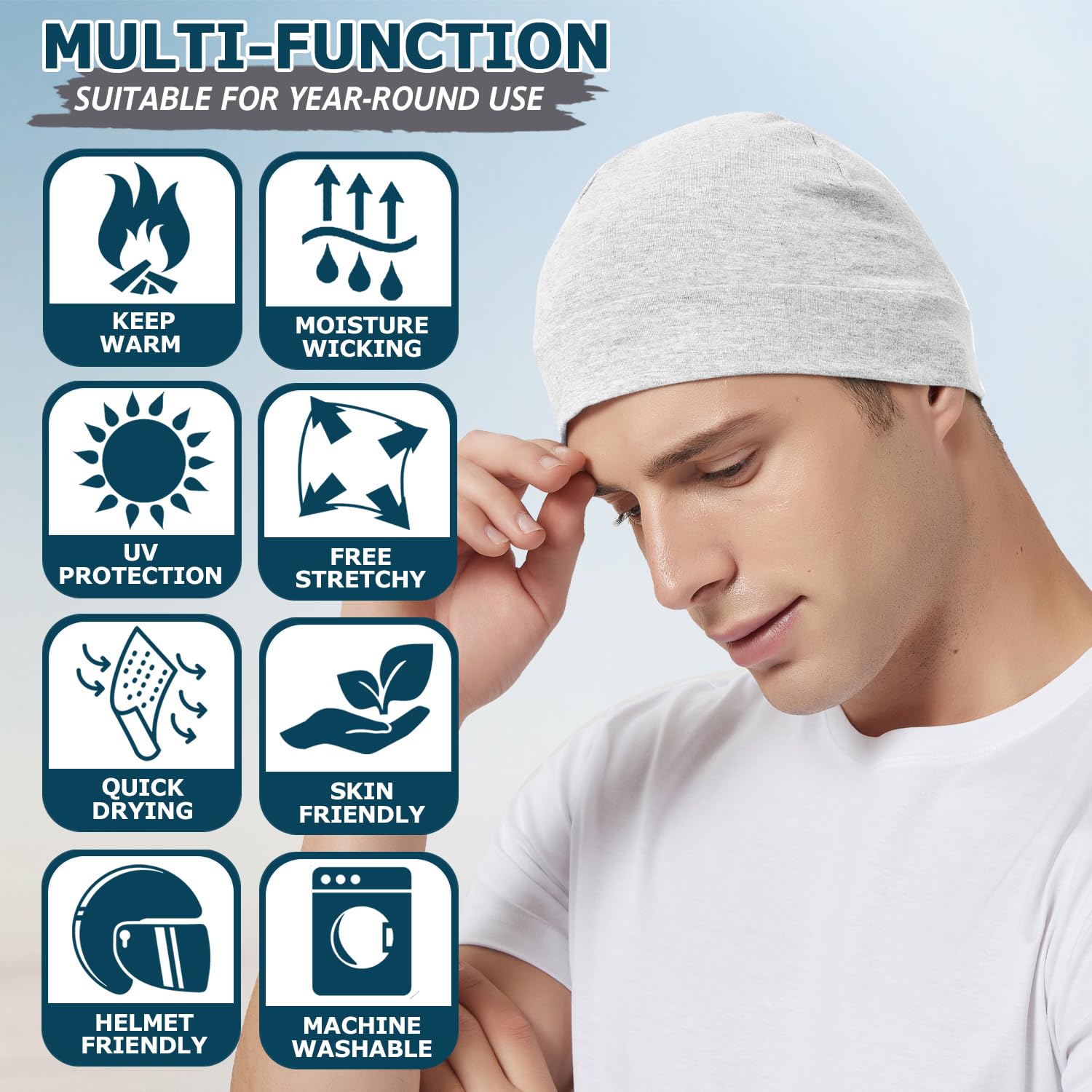 Headshion Cotton Skull Caps for Men Women,4-Pack Lightweight Beanie Sleep Hats Breathable Helmet Liner