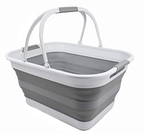 SAMMART 29L(7.6 gallon) Collapsible Tub with Handle-Portable Outdoor Picnic Basket-Space Saving Storage Container,Water capacity 24L(6.3 gallon) (1, White/Grey)