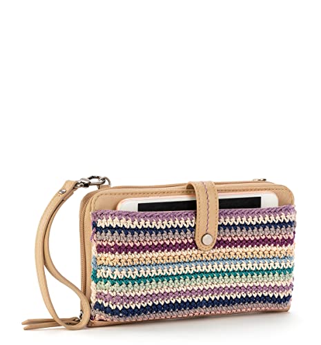 The Sak Iris Large Smartphone Crossbody Bag in Hand-Crochet & Faux Leather, Detachable Wristlet Strap, Mendocino Stripe