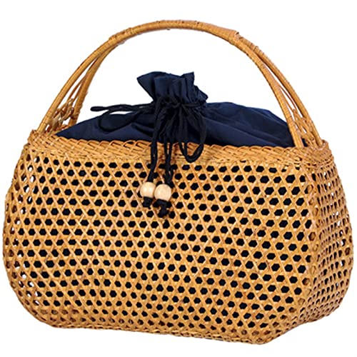 BZGWECD Vintage Rattan Knitted Bag Hollow Handmade Woven Basket Women Bamboo Bags Bohemian Female Summer Beach Handbag Lady (Color : Light Yellow)