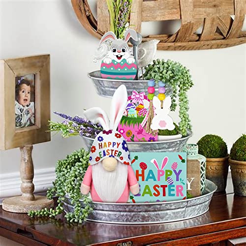 5 PCS Easter Gnome Tiered Tray Decor (Tray Not Included) - Gnomes Plush, Happy Easter Egg Mini Wood Sign, Wooden Bunny Bead Garland - Spring Easter Gift, Easter Day Party Decor for Home Kitchen