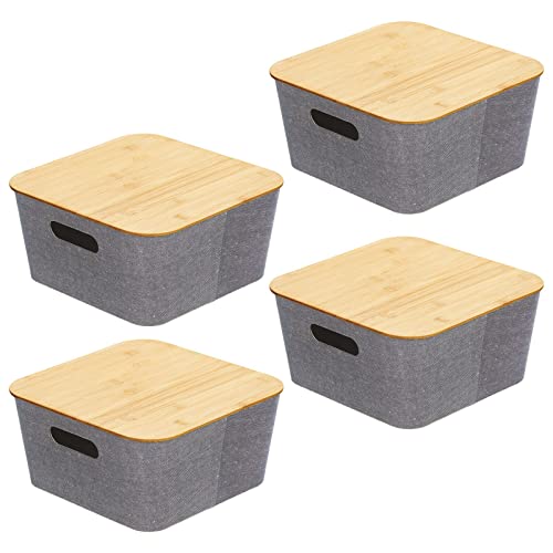 mDesign Fabric Basket with Lid - Stacking Decorative Storage Bin Box with Bamboo Lid Cover for Closet, Bedroom, Living Room or Office - Holds Clothing, Linens, and Accessories, 4 Pack, Navy Blue
