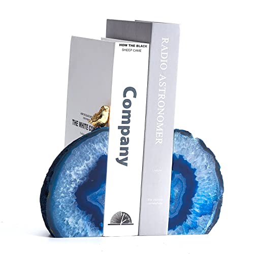 Yougoals Blue Agate Bookends for Shelves, Geode Crystal Book Ends for Heavy Books, Stone Decor with Rubber Bumpers 1 Pair 3-3.8LBS Home Decorative Unique