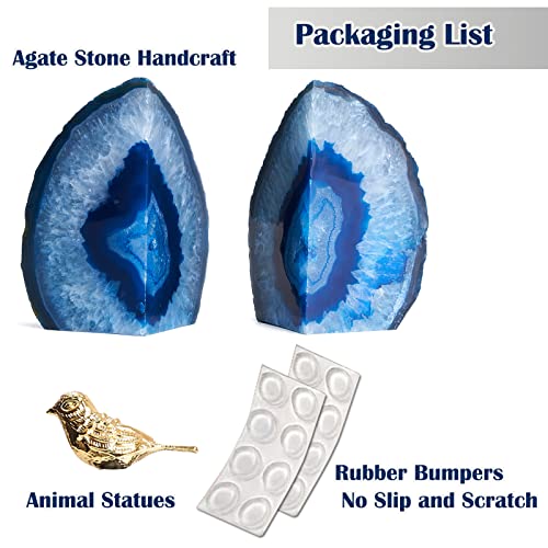 Yougoals Blue Agate Bookends for Shelves, Geode Crystal Book Ends for Heavy Books, Stone Decor with Rubber Bumpers 1 Pair 3-3.8LBS Home Decorative Unique