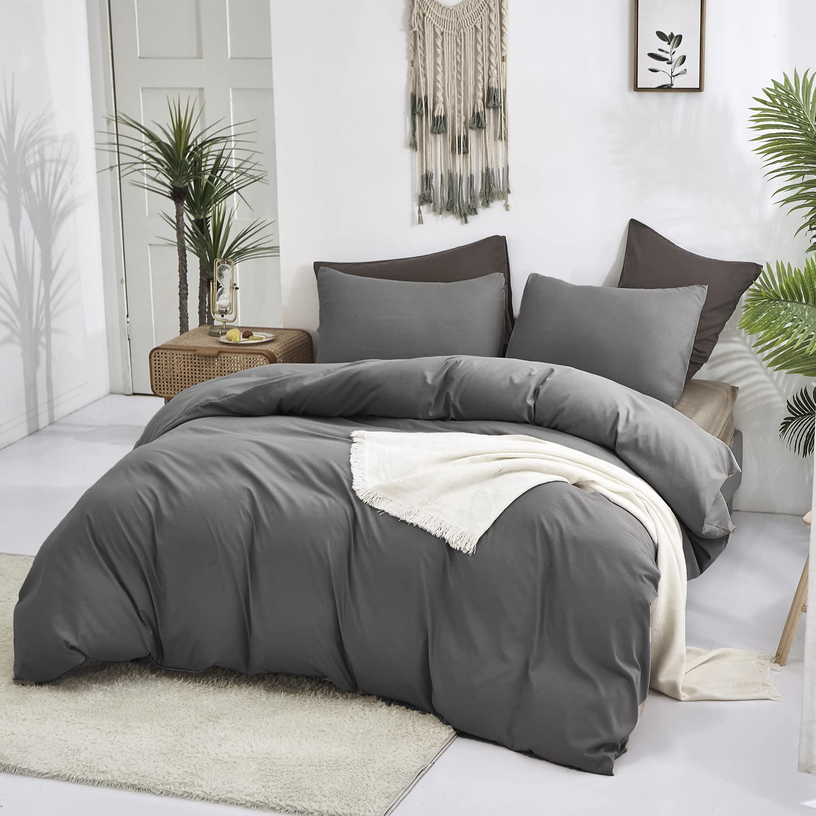 Luxlovery Grey Comforter Set Queen Men Dark Grey Comforter Bedding Sets Full 3PCS Solid Breathable Soft Charcoal Gray Quilts Set Modern Queen Comforter for Queen Bed