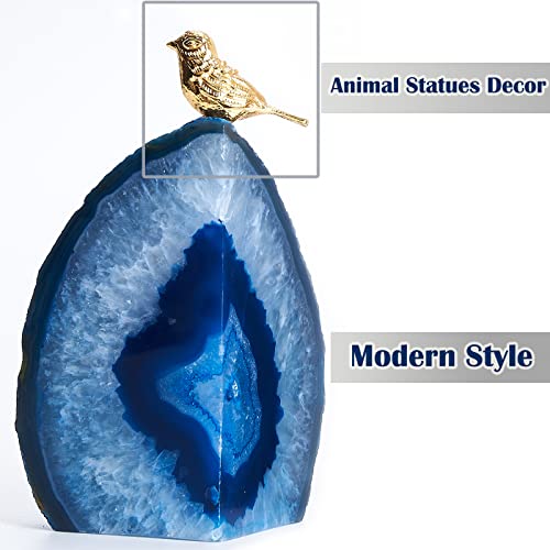 Yougoals Blue Agate Bookends for Shelves, Geode Crystal Book Ends for Heavy Books, Stone Decor with Rubber Bumpers 1 Pair 3-3.8LBS Home Decorative Unique