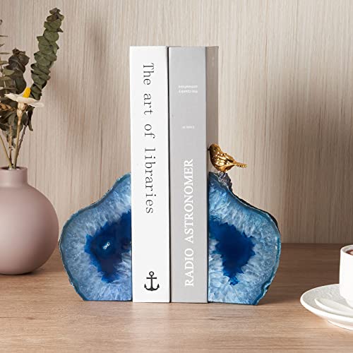 Yougoals Blue Agate Bookends for Shelves, Geode Crystal Book Ends for Heavy Books, Stone Decor with Rubber Bumpers 1 Pair 3-3.8LBS Home Decorative Unique