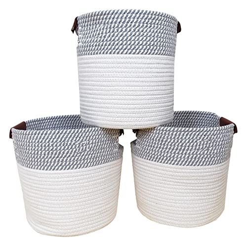 Cotton Rope Storage Baskets Set of 3ďź Woven Baskets for Storage, Decorative Rope Basket with Handles for Organizing Toy, TowelďźStylish&Durable Woven Cotton Storage Basket ContainersďźSize: 11' x 10.5' inches (gray&white)