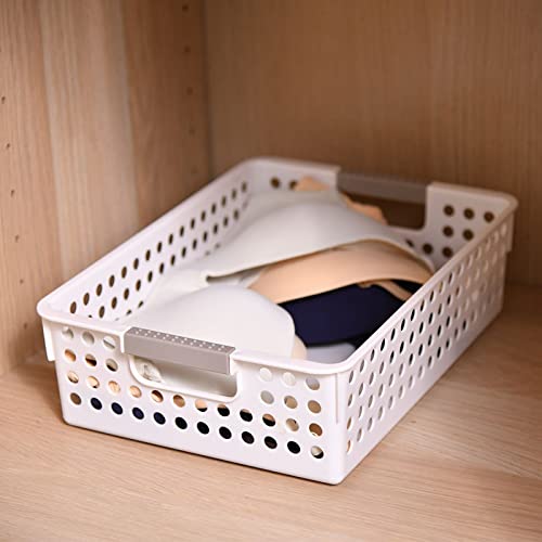 Whale Pocket 6 PCS Plastic Storage Basket, Slim White Organizer Tote Bin Shelf Baskets for Closet Organization, De-Clutter, Toys, Cleaning Products, Accessories 14 x 10x 3.4 in