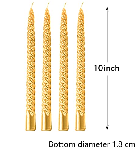 Kandelo Tall Metallic Spiral Candle - 10Inch Metallic, Dripless, Unscented Dinner Candle - Paraffin Wax with Cotton Wicks -Individually Wrapped Long CandleUnscented Dinner Candle (4 Spiral Golden)