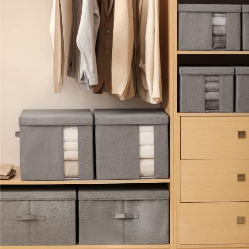 CANFOD Storage Box with Lids and Clear Window(2 Pack), Thick Fabric Storage Organizers, Closet Storage Bins with 2 Handles for Toys, Clothes, Closet (Clear Window L(18x14x10in), Lightgrey)