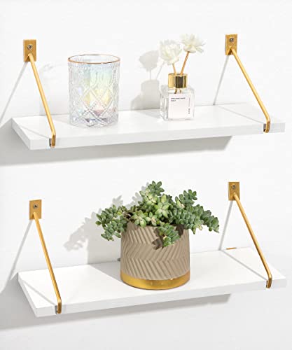 Gronda White Floating Shelves Set of 2, Modern Floating Shelves Wall Mounted with Gold Bracket Wall Shelves for Living Room Bathroom Bedroom Kitchen Office