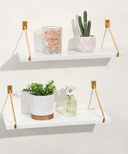 Gronda White Floating Shelves Set of 2, Modern Floating Shelves Wall Mounted with Gold Bracket Wall Shelves for Living Room Bathroom Bedroom Kitchen Office